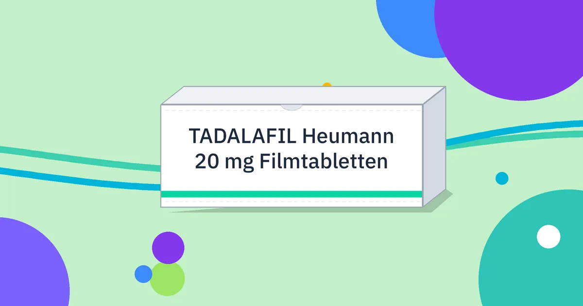 Symbolbild: Packung mit der Aufschrift TADALAFIL Heumann 20 mg Filmtabletten (PZN 14403405) – Verfügbarkeit und Bezug in Apotheken in Frankfurt am Main