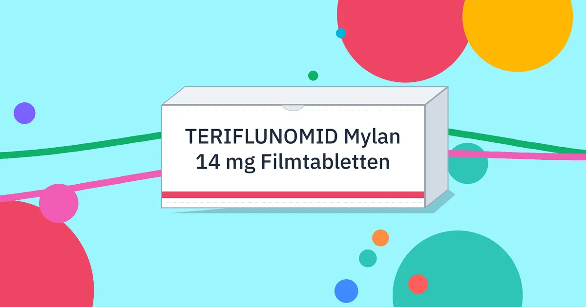 Symbolbild: Packung mit der Aufschrift TERIFLUNOMID Mylan 14 mg Filmtabletten (PZN 19294731) – Verfügbarkeit und Bezug in Apotheken in Frankfurt am Main