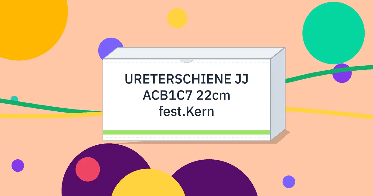 Symbolbild: Packung mit der Aufschrift URETERSCHIENE JJ ACB1C7 22cm fest.Kern (PZN 02178794) – Verfügbarkeit und Bezug in Apotheken in Frankfurt am Main
