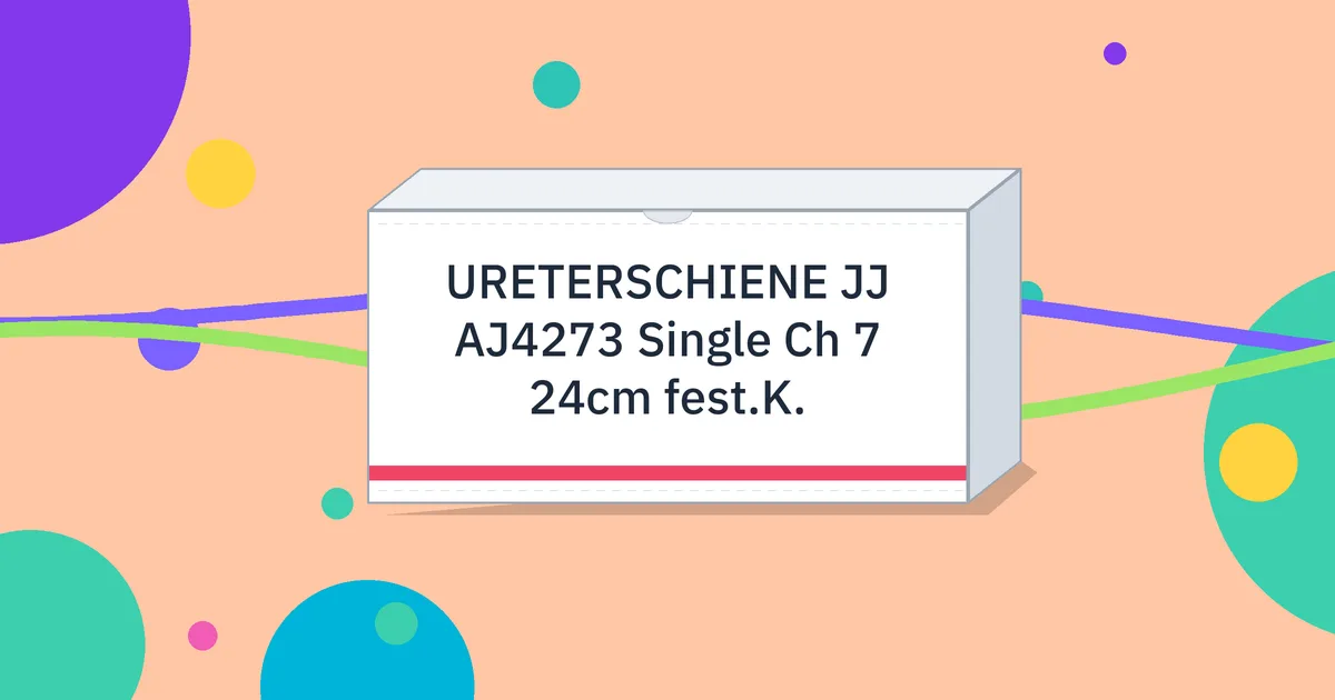 Symbolbild: Packung mit der Aufschrift URETERSCHIENE JJ AJ4273 Single Ch 7 24cm fest.K. (PZN 00753053) – Verfügbarkeit und Bezug in Apotheken in Frankfurt am Main