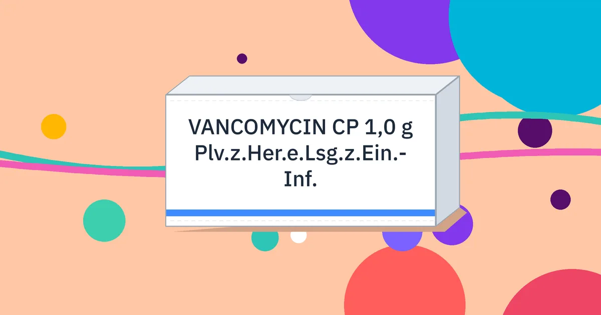 Symbolbild: Packung mit der Aufschrift VANCOMYCIN CP 1,0 g Plv.z.Her.e.Lsg.z.Ein.-Inf. (PZN 10916088) – Verfügbarkeit und Bezug in Apotheken in Frankfurt am Main