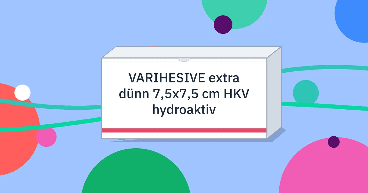 Symbolbild: Packung mit der Aufschrift VARIHESIVE extra dünn 7,5x7,5 cm HKV hydroaktiv (PZN 03892648) – Verfügbarkeit und Bezug in Apotheken in Frankfurt am Main