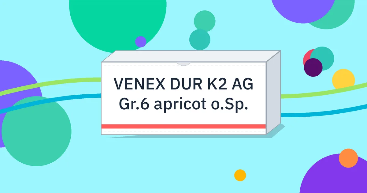 Symbolbild: Packung mit der Aufschrift VENEX DUR K2 AG Gr.6 apricot o.Sp. (PZN 03216692) – Verfügbarkeit und Bezug in Apotheken in Frankfurt am Main