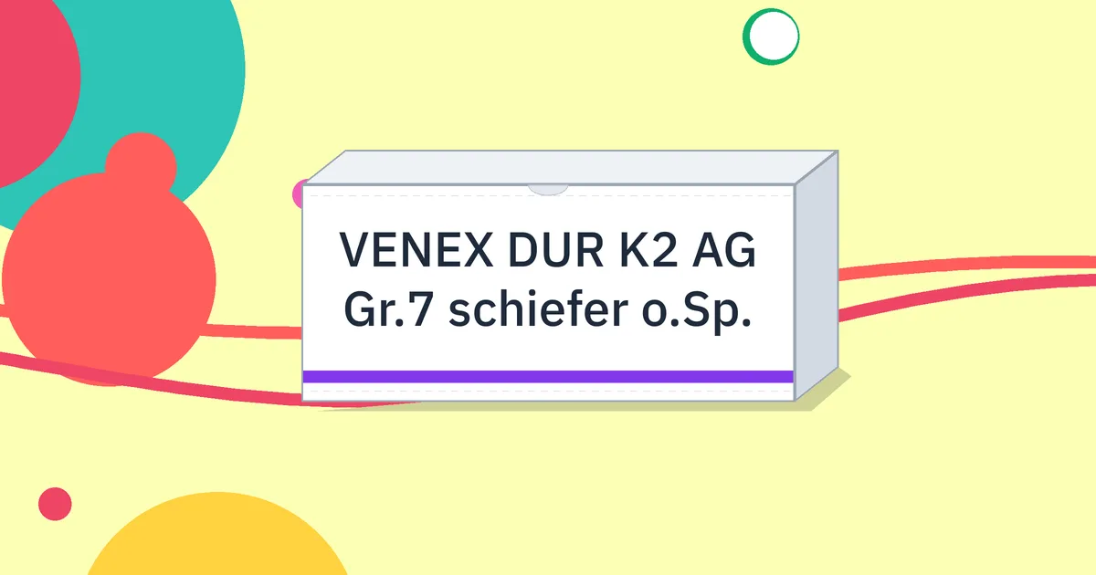 Symbolbild: Packung mit der Aufschrift VENEX DUR K2 AG Gr.7 schiefer o.Sp. (PZN 03217332) – Verfügbarkeit und Bezug in Apotheken in Frankfurt am Main
