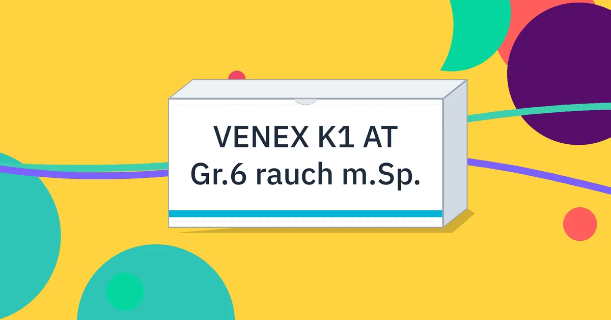 Symbolbild: Packung mit der Aufschrift VENEX K1 AT Gr.6 rauch m.Sp. (PZN 03194743) – Verfügbarkeit und Bezug in Apotheken in Frankfurt am Main