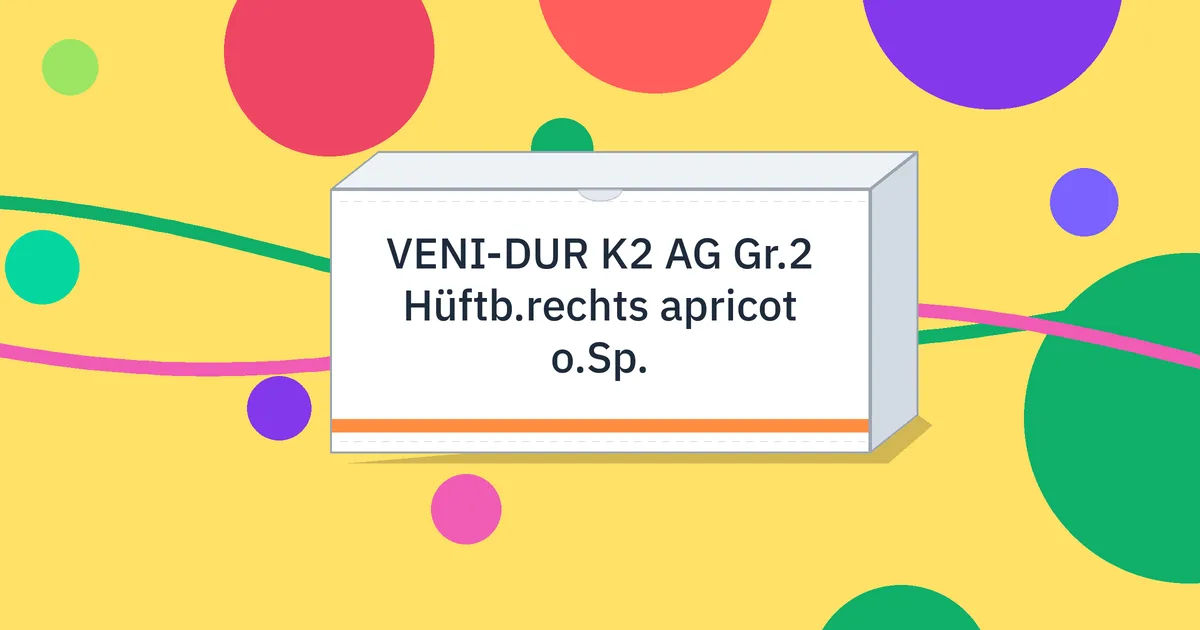 Symbolbild: Packung mit der Aufschrift VENI-DUR K2 AG Gr.2 Hüftb.rechts apricot o.Sp. (PZN 03251582) – Verfügbarkeit und Bezug in Apotheken in Frankfurt am Main