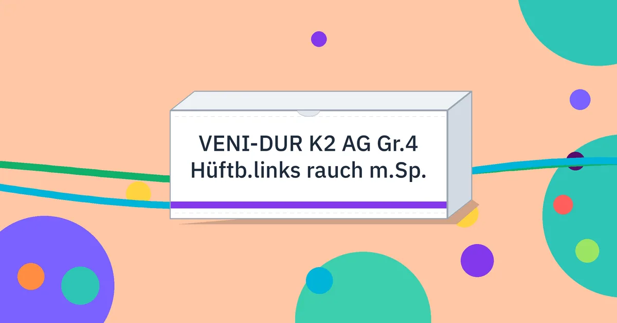 Symbolbild: Packung mit der Aufschrift VENI-DUR K2 AG Gr.4 Hüftb.links rauch m.Sp. (PZN 03248781) – Verfügbarkeit und Bezug in Apotheken in Frankfurt am Main