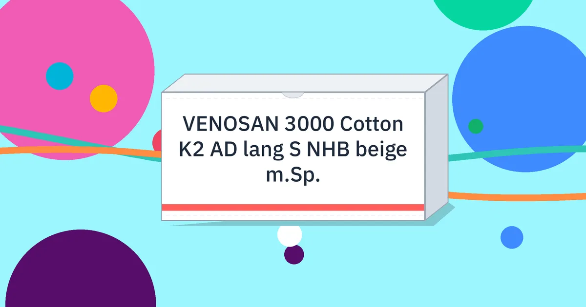 Symbolbild: Packung mit der Aufschrift VENOSAN 3000 Cotton K2 AD lang S NHB beige m.Sp. (PZN 14421343) – Verfügbarkeit und Bezug in Apotheken in Frankfurt am Main