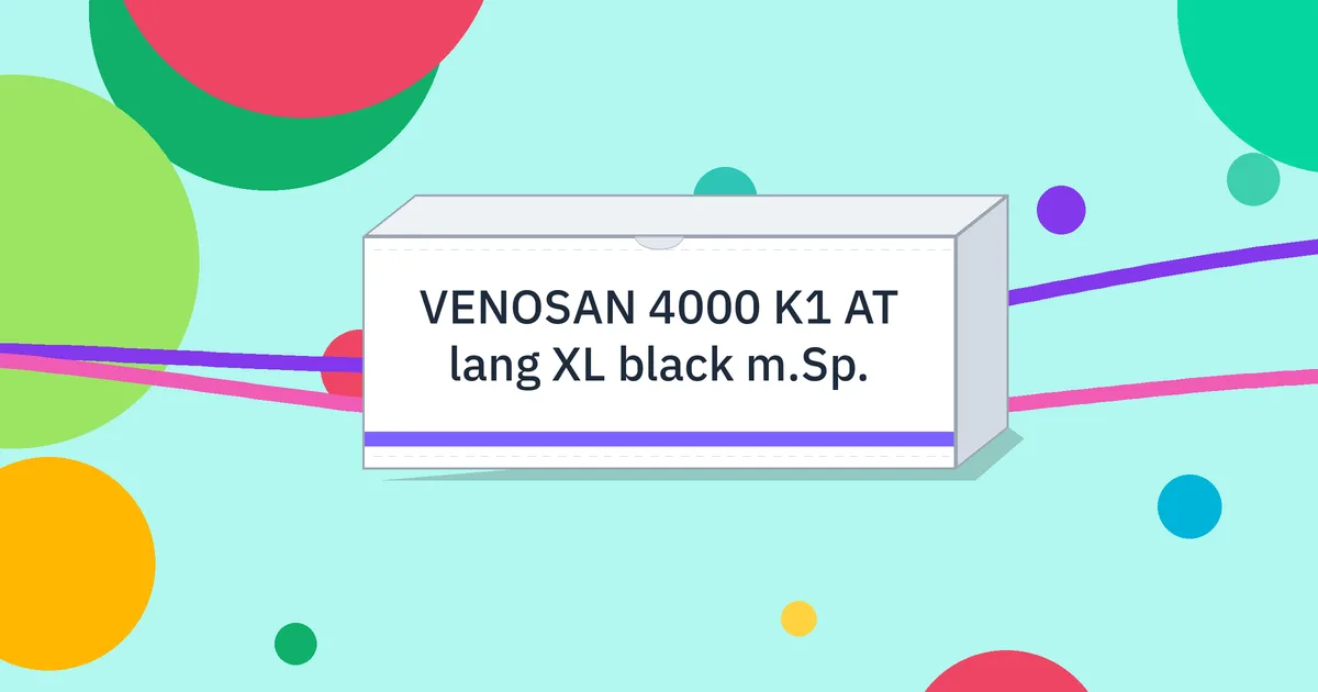 Symbolbild: Packung mit der Aufschrift VENOSAN 4000 K1 AT lang XL black m.Sp. (PZN 14426702) – Verfügbarkeit und Bezug in Apotheken in Frankfurt am Main