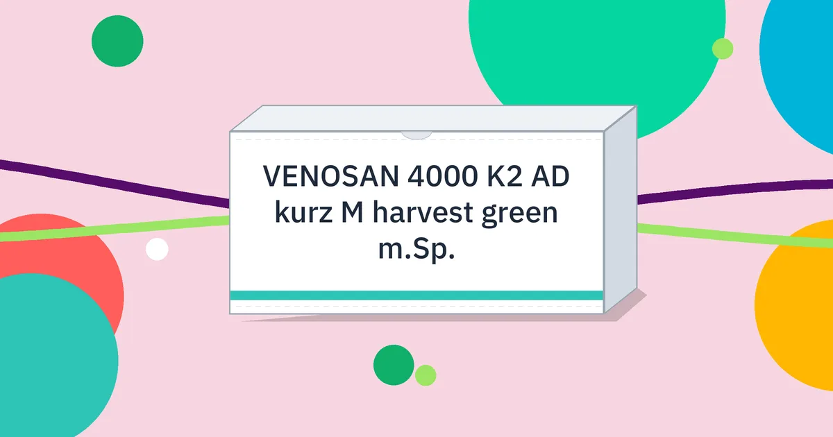 Symbolbild: Packung mit der Aufschrift VENOSAN 4000 K2 AD kurz M harvest green m.Sp. (PZN 18847493) – Verfügbarkeit und Bezug in Apotheken in Frankfurt am Main