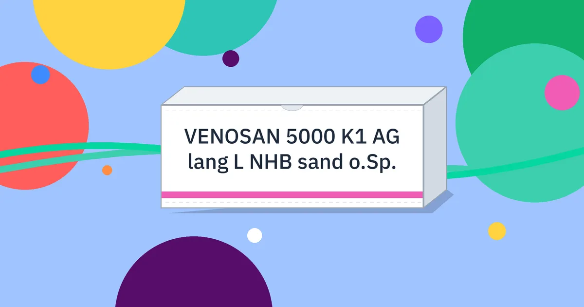 Symbolbild: Packung mit der Aufschrift VENOSAN 5000 K1 AG lang L NHB sand o.Sp. (PZN 14428368) – Verfügbarkeit und Bezug in Apotheken in Frankfurt am Main