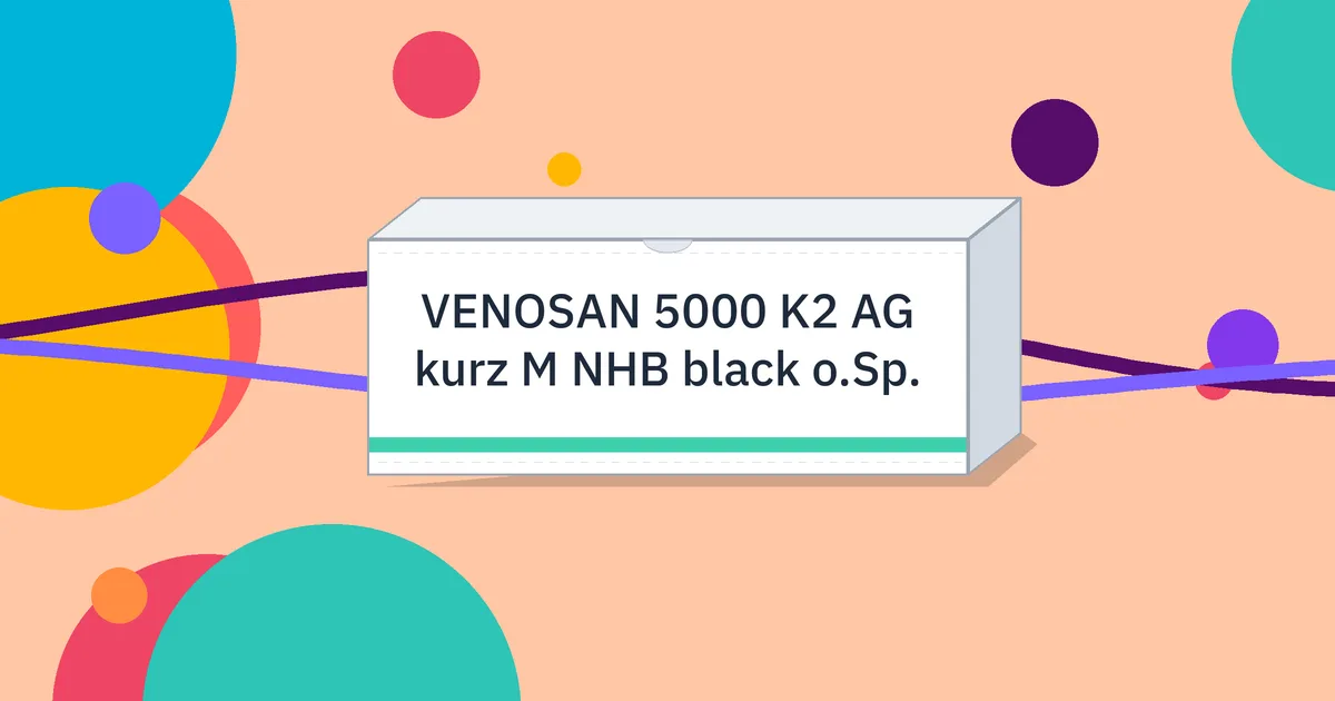 Symbolbild: Packung mit der Aufschrift VENOSAN 5000 K2 AG kurz M NHB black o.Sp. (PZN 14433760) – Verfügbarkeit und Bezug in Apotheken in Frankfurt am Main