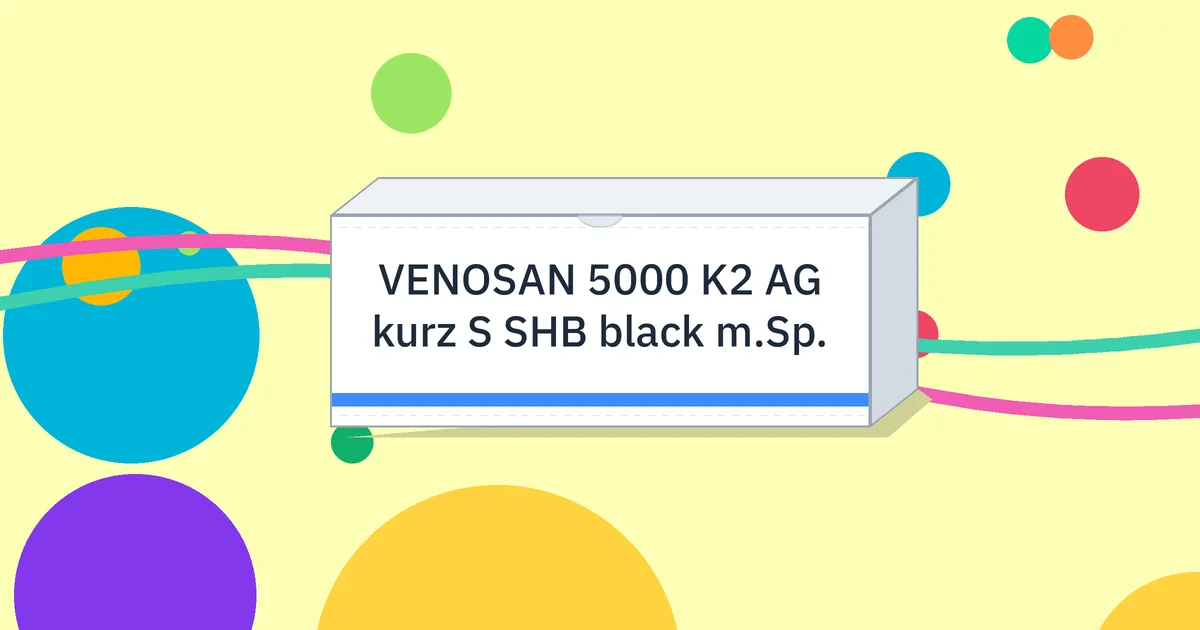 Symbolbild: Packung mit der Aufschrift VENOSAN 5000 K2 AG kurz S SHB black m.Sp. (PZN 14433694) – Verfügbarkeit und Bezug in Apotheken in Frankfurt am Main