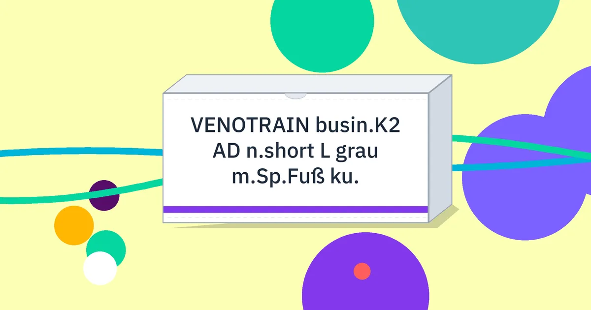 Symbolbild: Packung mit der Aufschrift VENOTRAIN busin.K2 AD n.short L grau m.Sp.Fuß ku. (PZN 19057557) – Verfügbarkeit und Bezug in Apotheken in Frankfurt am Main