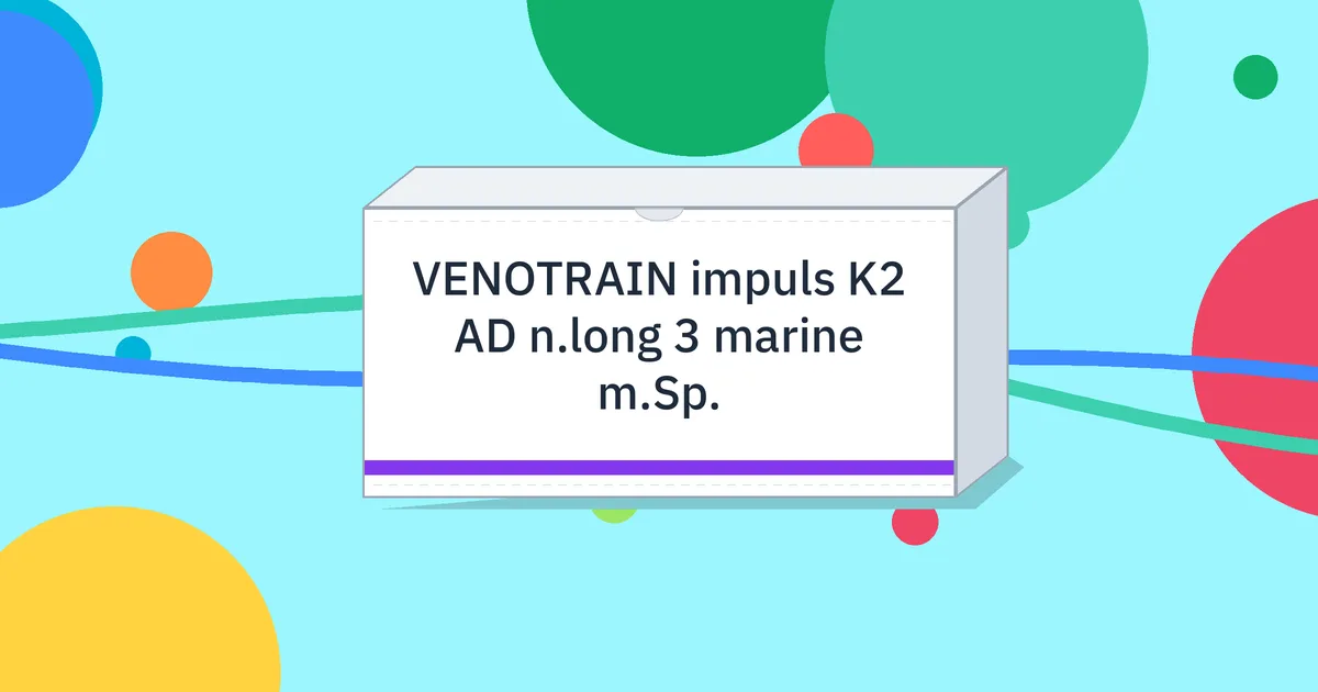 Symbolbild: Packung mit der Aufschrift VENOTRAIN impuls K2 AD n.long 3 marine m.Sp. (PZN 15221132) – Verfügbarkeit und Bezug in Apotheken in Frankfurt am Main