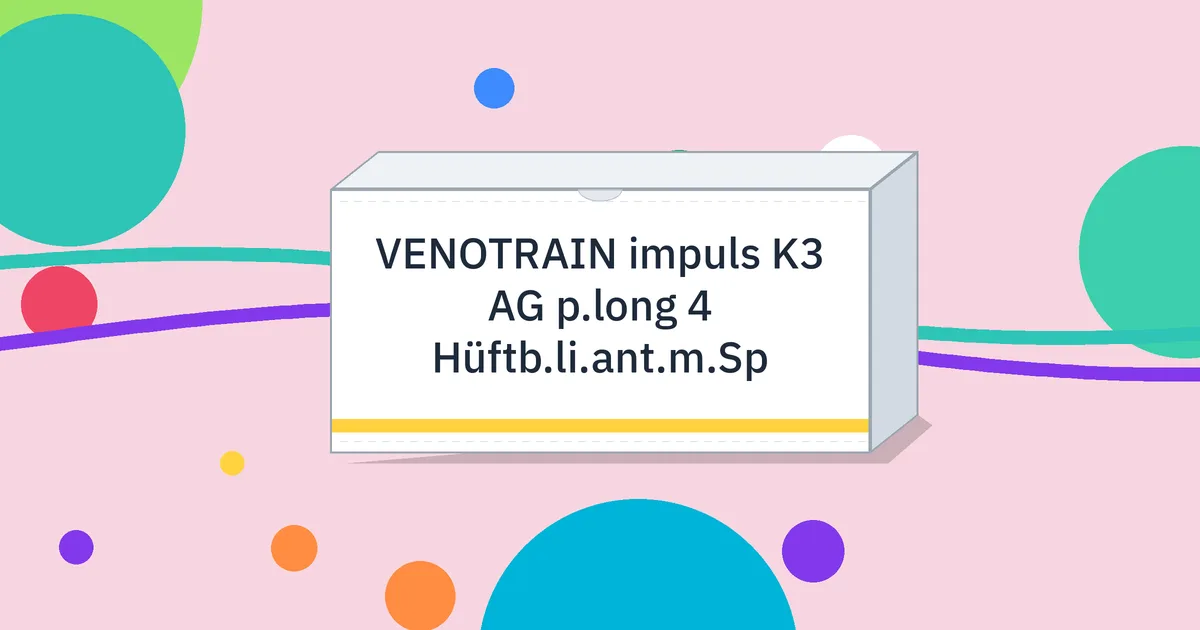 Symbolbild: Packung mit der Aufschrift VENOTRAIN impuls K3 AG p.long 4 Hüftb.li.ant.m.Sp (PZN 15220718) – Verfügbarkeit und Bezug in Apotheken in Frankfurt am Main