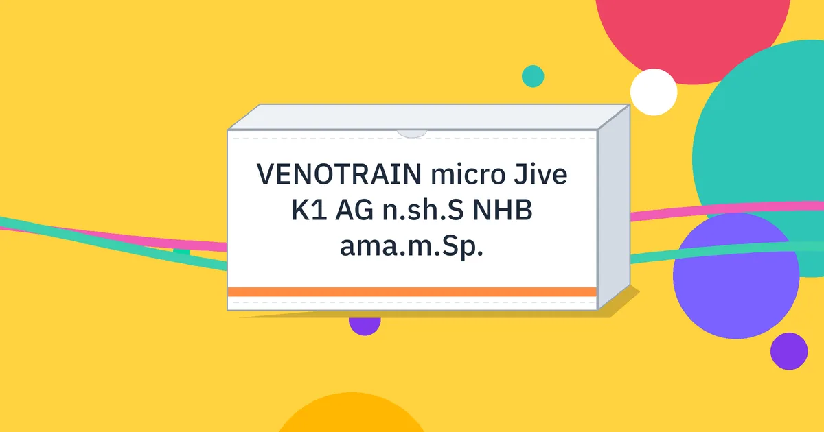 Symbolbild: Packung mit der Aufschrift VENOTRAIN micro Jive K1 AG n.sh.S NHB ama.m.Sp. (PZN 17764888) – Verfügbarkeit und Bezug in Apotheken in Frankfurt am Main