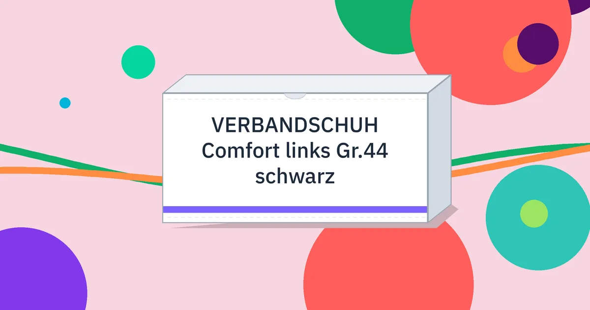 Symbolbild: Packung mit der Aufschrift VERBANDSCHUH Comfort links Gr.44 schwarz (PZN 11015039) – Verfügbarkeit und Bezug in Apotheken in Frankfurt am Main