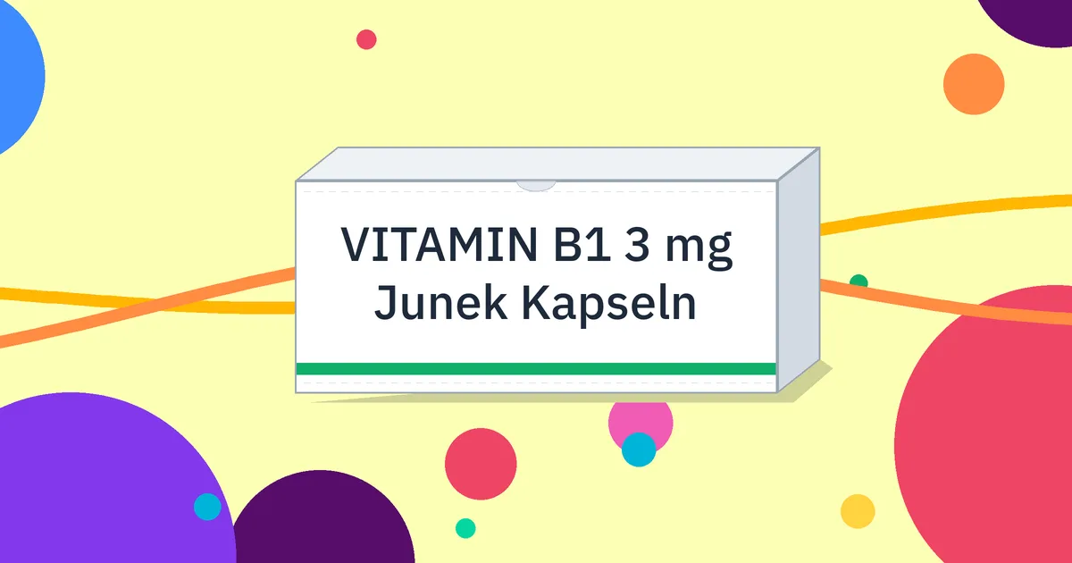Symbolbild: Packung mit der Aufschrift VITAMIN B1 3 mg Junek Kapseln (PZN 04367507) – Verfügbarkeit und Bezug in Apotheken in Frankfurt am Main