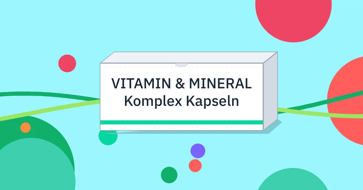 Symbolbild: Packung mit der Aufschrift VITAMIN & MINERAL Komplex Kapseln (PZN 03863569) – Verfügbarkeit und Bezug in Apotheken in Frankfurt am Main