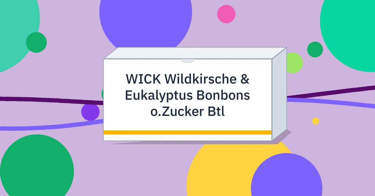 Symbolbild: Packung mit der Aufschrift WICK Wildkirsche & Eukalyptus Bonbons o.Zucker Btl (PZN 12595352) – Verfügbarkeit und Bezug in Apotheken in Frankfurt am Main
