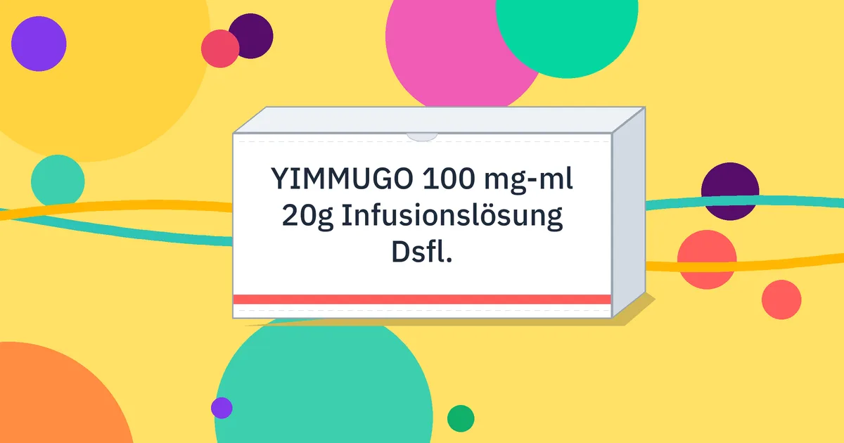 Symbolbild: Packung mit der Aufschrift YIMMUGO 100 mg-ml 20g Infusionslösung Dsfl. (PZN 18030473) – Verfügbarkeit und Bezug in Apotheken in Frankfurt am Main