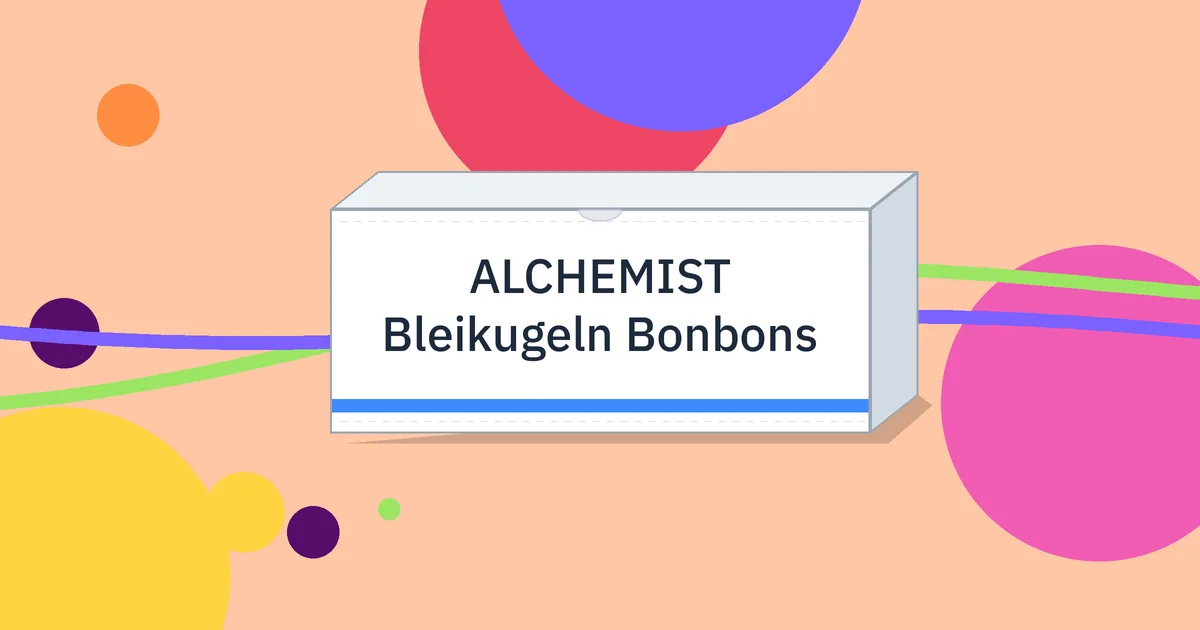 Symbolbild: Packung mit der Aufschrift ALCHEMIST Bleikugeln Bonbons (PZN 11531060) – Verfügbarkeit und Bezug in Apotheken in Frankfurt am Main