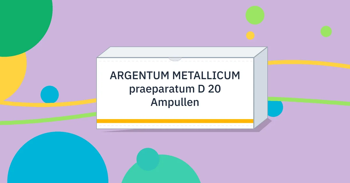 Symbolbild: Packung mit der Aufschrift ARGENTUM METALLICUM praeparatum D 20 Ampullen (PZN 01617932) – Verfügbarkeit und Bezug in Apotheken in Frankfurt am Main