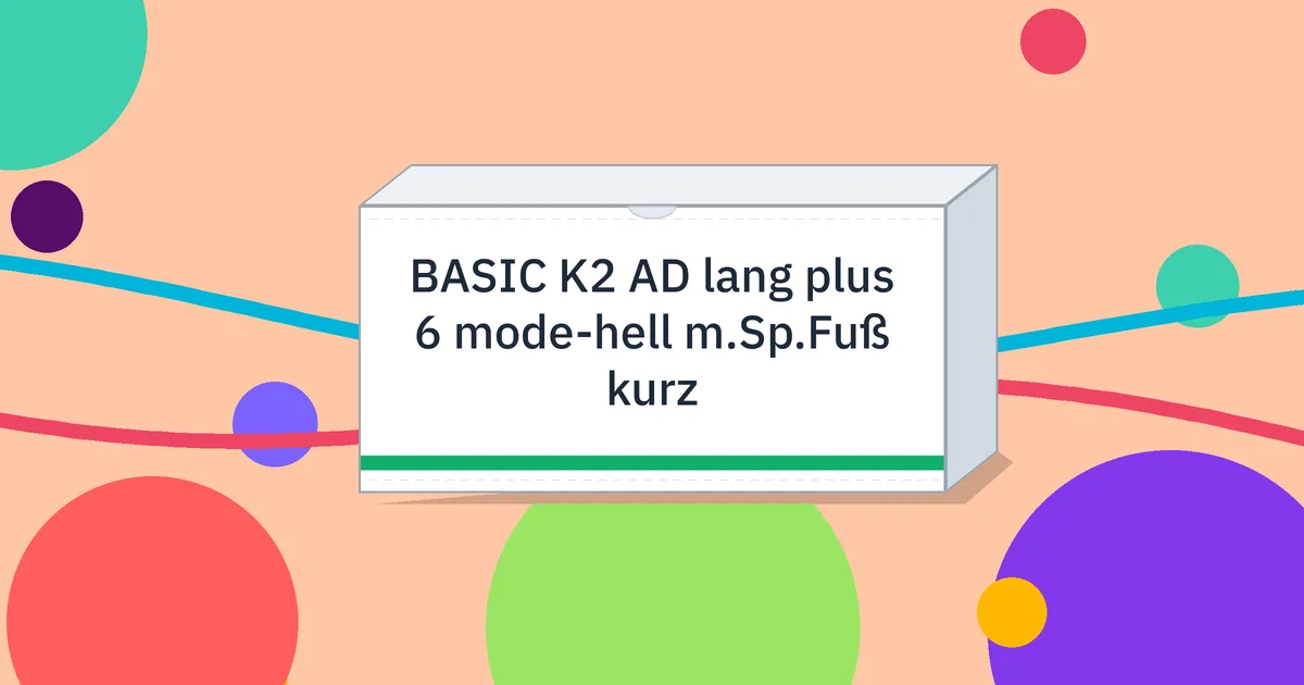 Symbolbild: Packung mit der Aufschrift BASIC K2 AD lang plus 6 mode-hell m.Sp.Fuß kurz (PZN 20265829) – Verfügbarkeit und Bezug in Apotheken in Frankfurt am Main