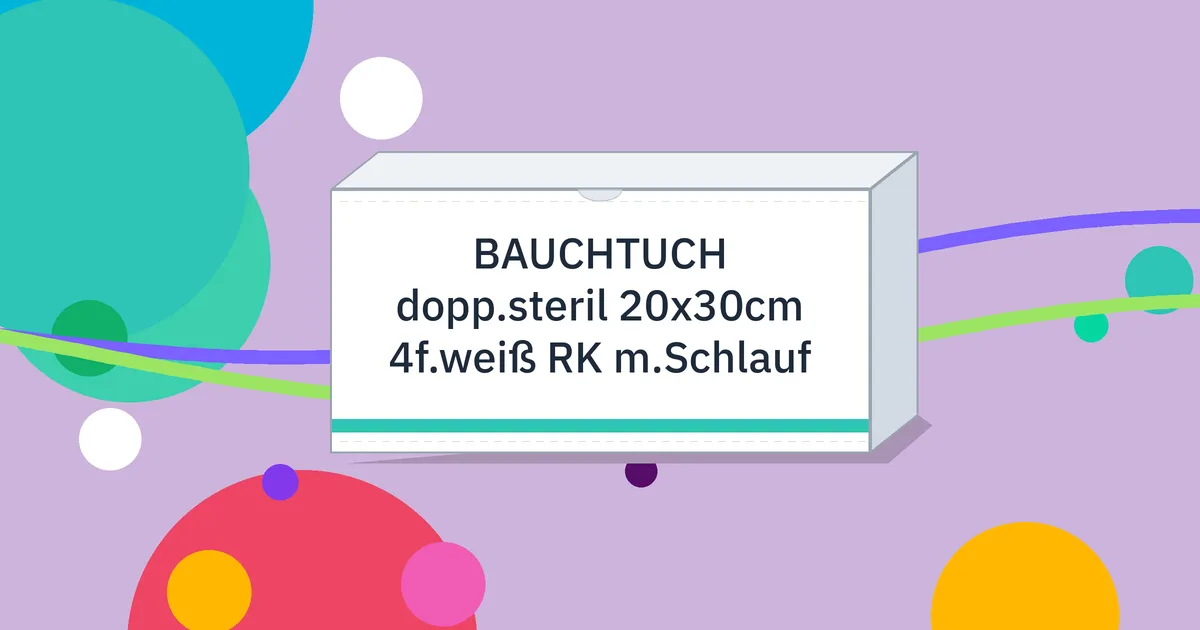 Symbolbild: Packung mit der Aufschrift BAUCHTUCH dopp.steril 20x30cm 4f.weiß RK m.Schlauf (PZN 13614399) – Verfügbarkeit und Bezug in Apotheken in Frankfurt am Main