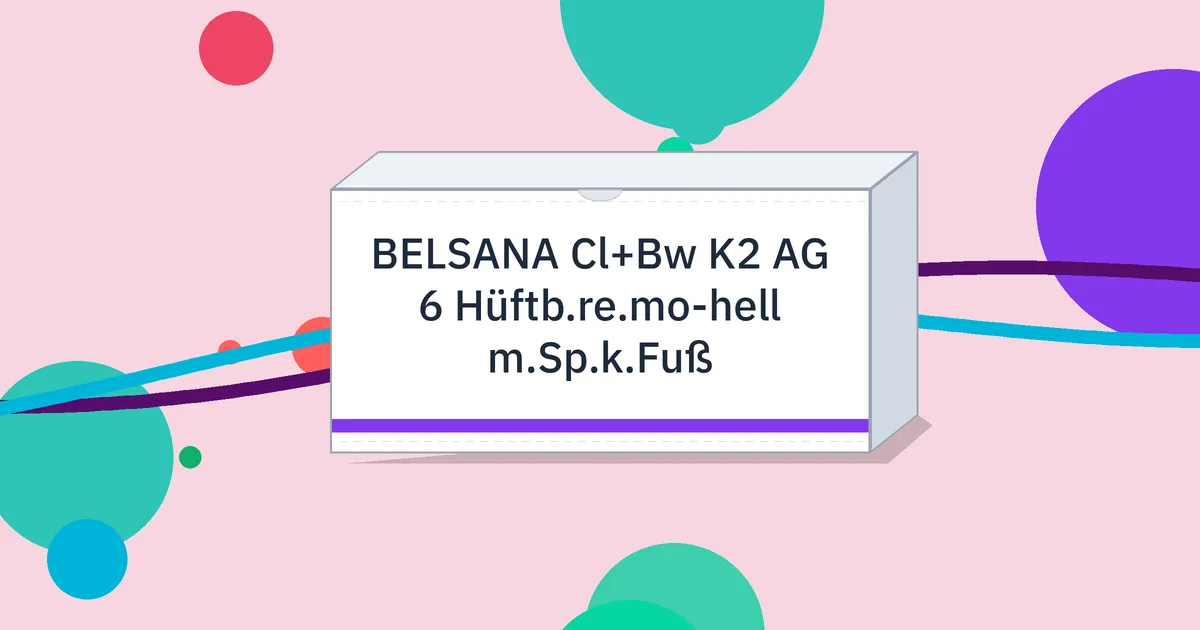 Symbolbild: Packung mit der Aufschrift BELSANA Cl+Bw K2 AG 6 Hüftb.re.mo-hell m.Sp.k.Fuß (PZN 12255372) – Verfügbarkeit und Bezug in Apotheken in Frankfurt am Main