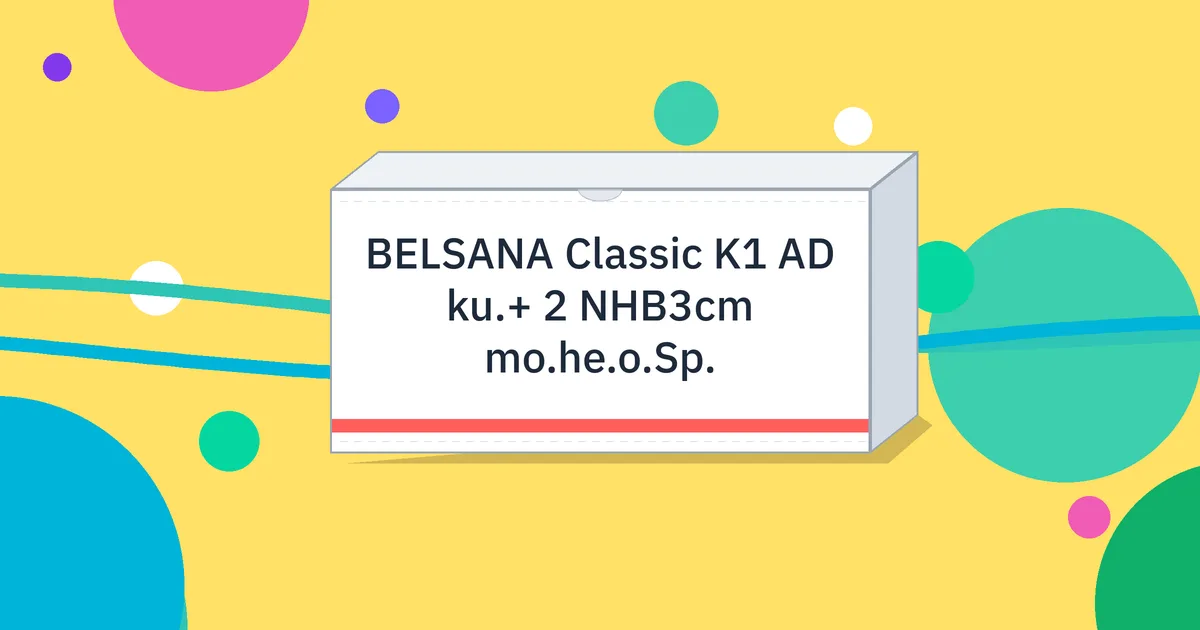 Symbolbild: Packung mit der Aufschrift BELSANA Classic K1 AD ku.+ 2 NHB3cm mo.he.o.Sp. (PZN 19254884) – Verfügbarkeit und Bezug in Apotheken in Frankfurt am Main