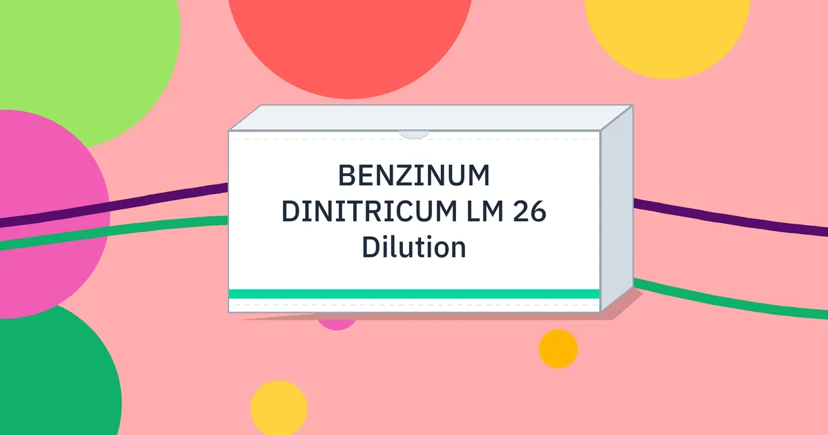 Symbolbild: Packung mit der Aufschrift BENZINUM DINITRICUM LM 26 Dilution (PZN 13382546) – Verfügbarkeit und Bezug in Apotheken in Frankfurt am Main