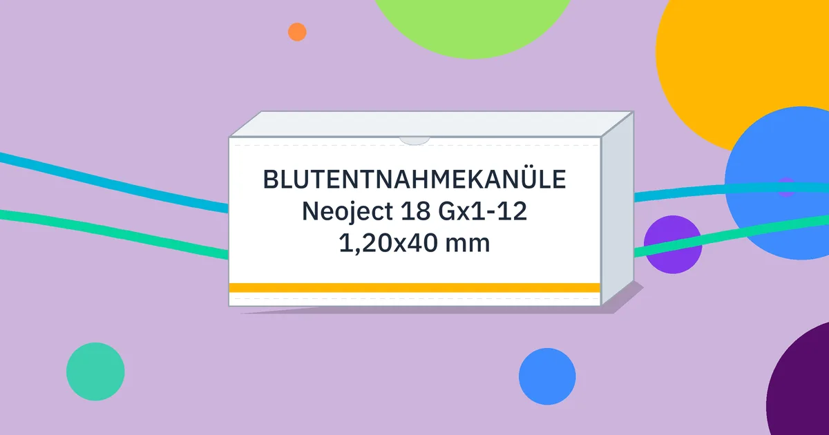 Symbolbild: Packung mit der Aufschrift BLUTENTNAHMEKANÜLE Neoject 18 Gx1-12 1,20x40 mm (PZN 10835042) – Verfügbarkeit und Bezug in Apotheken in Frankfurt am Main