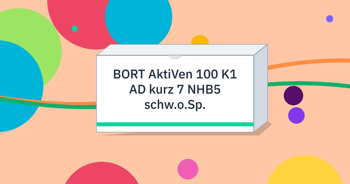 Symbolbild: Packung mit der Aufschrift BORT AktiVen 100 K1 AD kurz 7 NHB5 schw.o.Sp. (PZN 17497358) – Verfügbarkeit und Bezug in Apotheken in Frankfurt am Main