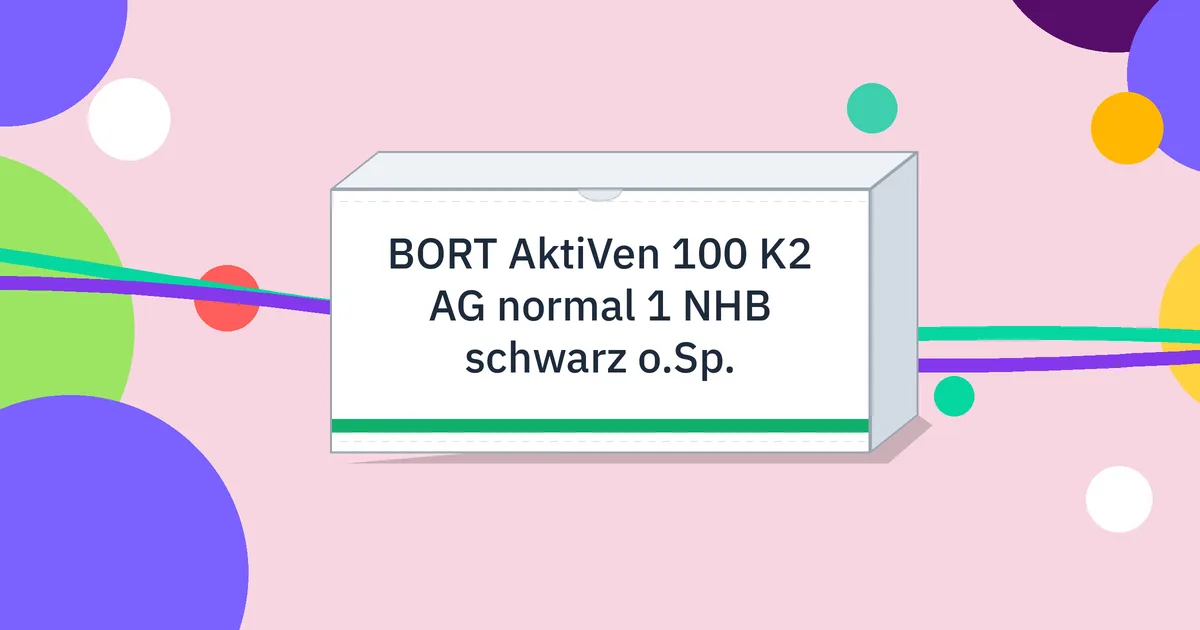 Symbolbild: Packung mit der Aufschrift BORT AktiVen 100 K2 AG normal 1 NHB schwarz o.Sp. (PZN 14387190) – Verfügbarkeit und Bezug in Apotheken in Frankfurt am Main