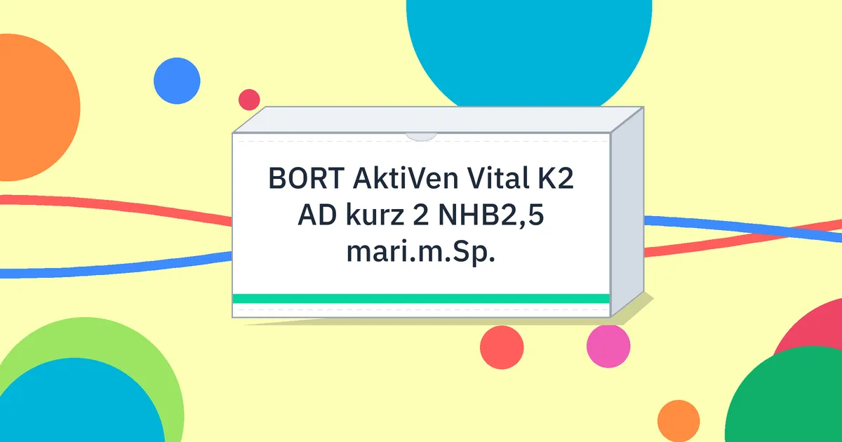 Symbolbild: Packung mit der Aufschrift BORT AktiVen Vital K2 AD kurz 2 NHB2,5 mari.m.Sp. (PZN 17499498) – Verfügbarkeit und Bezug in Apotheken in Frankfurt am Main