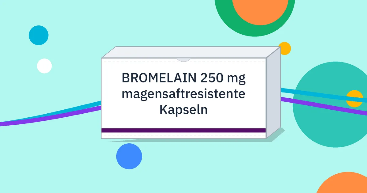 Symbolbild: Packung mit der Aufschrift BROMELAIN 250 mg magensaftresistente Kapseln (PZN 11376300) – Verfügbarkeit und Bezug in Apotheken in Frankfurt am Main