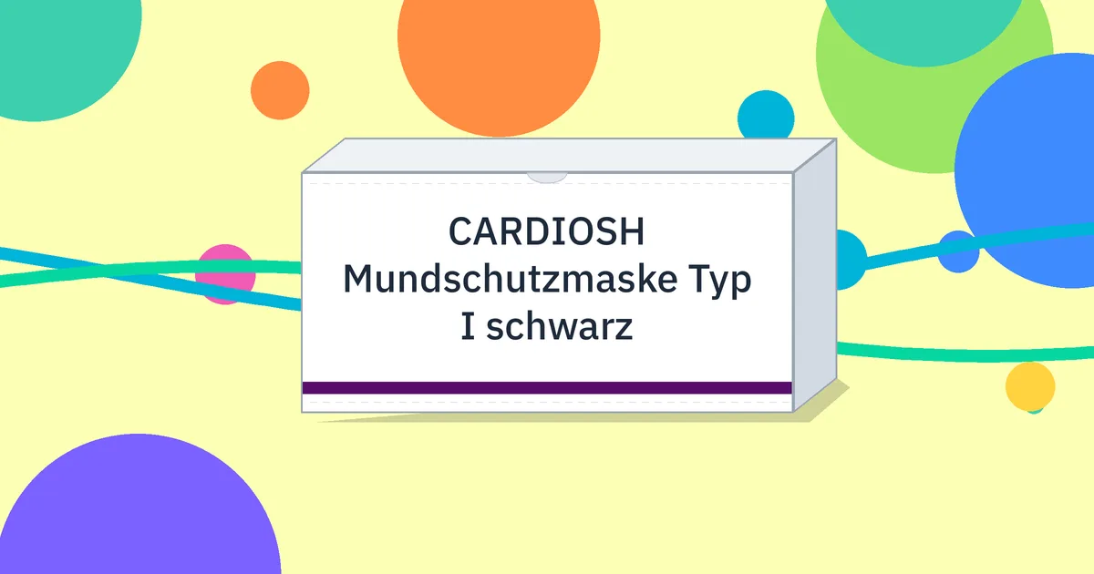 Symbolbild: Packung mit der Aufschrift CARDIOSH Mundschutzmaske Typ I schwarz (PZN 18262054) – Verfügbarkeit und Bezug in Apotheken in Frankfurt am Main