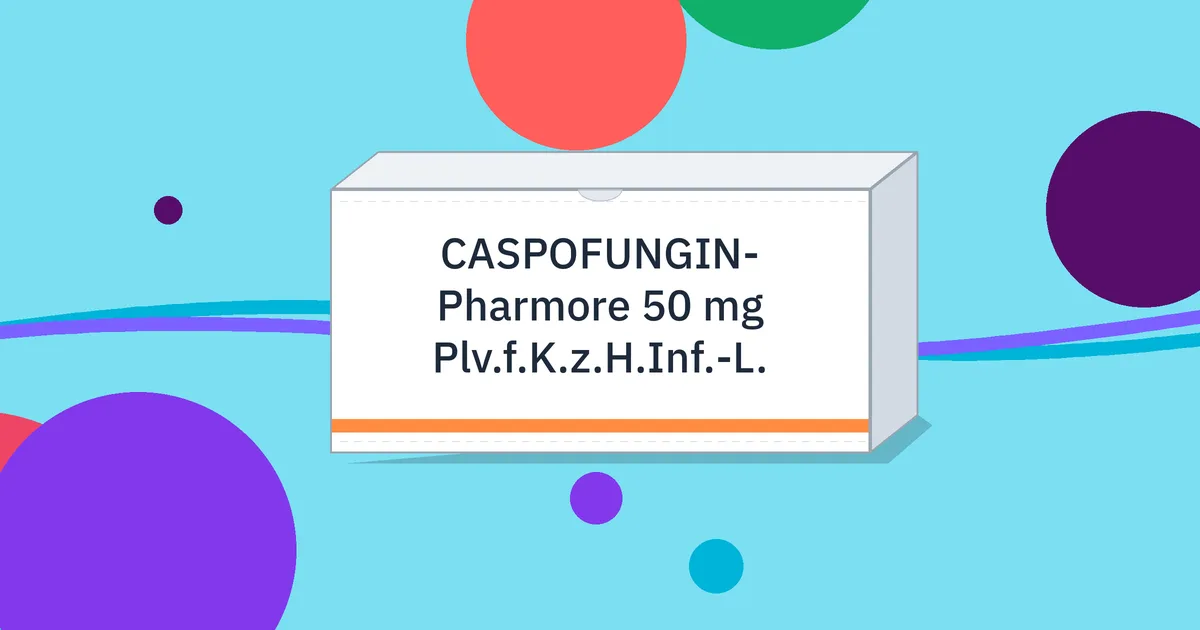 Symbolbild: Packung mit der Aufschrift CASPOFUNGIN-Pharmore 50 mg Plv.f.K.z.H.Inf.-L. (PZN 12869789) – Verfügbarkeit und Bezug in Apotheken in Frankfurt am Main