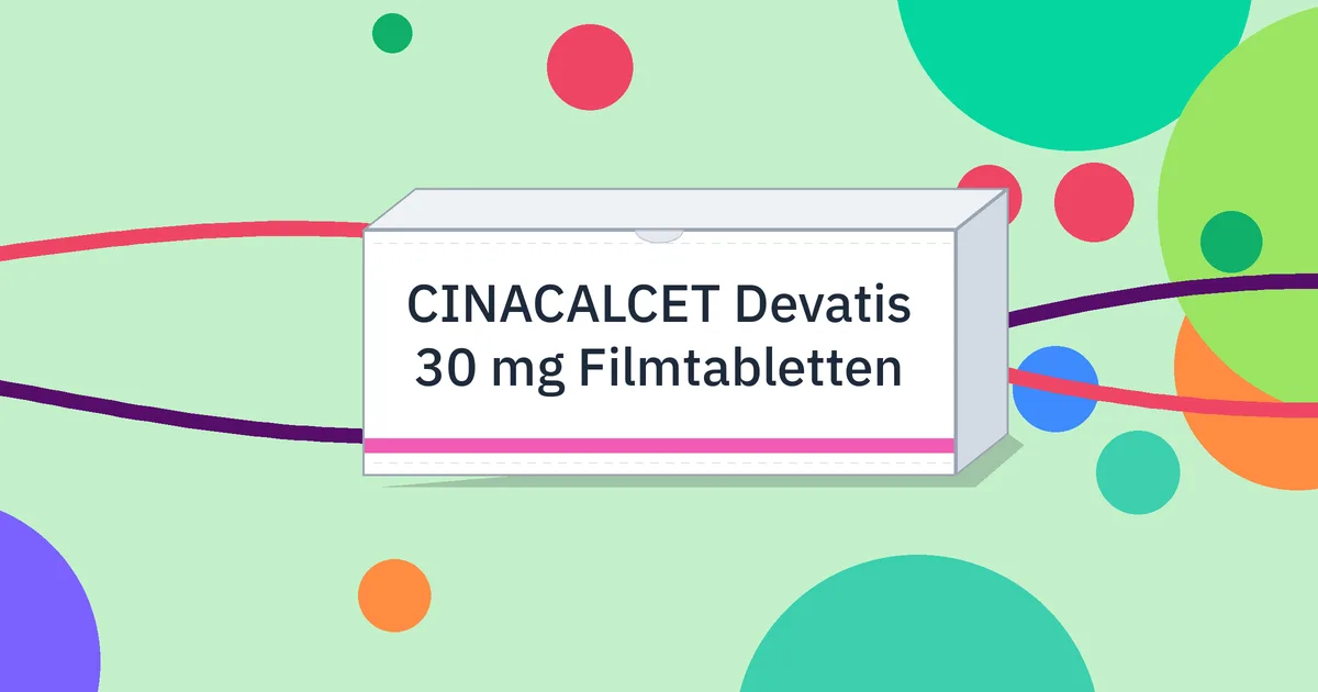 Symbolbild: Packung mit der Aufschrift CINACALCET Devatis 30 mg Filmtabletten (PZN 15572015) – Verfügbarkeit und Bezug in Apotheken in Frankfurt am Main
