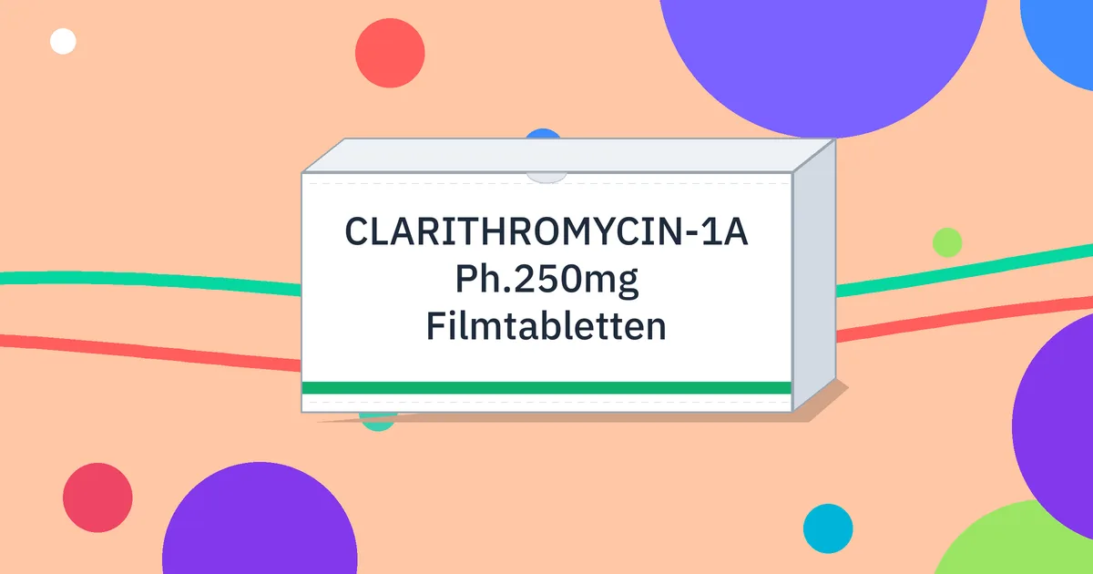 Symbolbild: Packung mit der Aufschrift CLARITHROMYCIN-1A Ph.250mg Filmtabletten (PZN 03811302) – Verfügbarkeit und Bezug in Apotheken in Frankfurt am Main