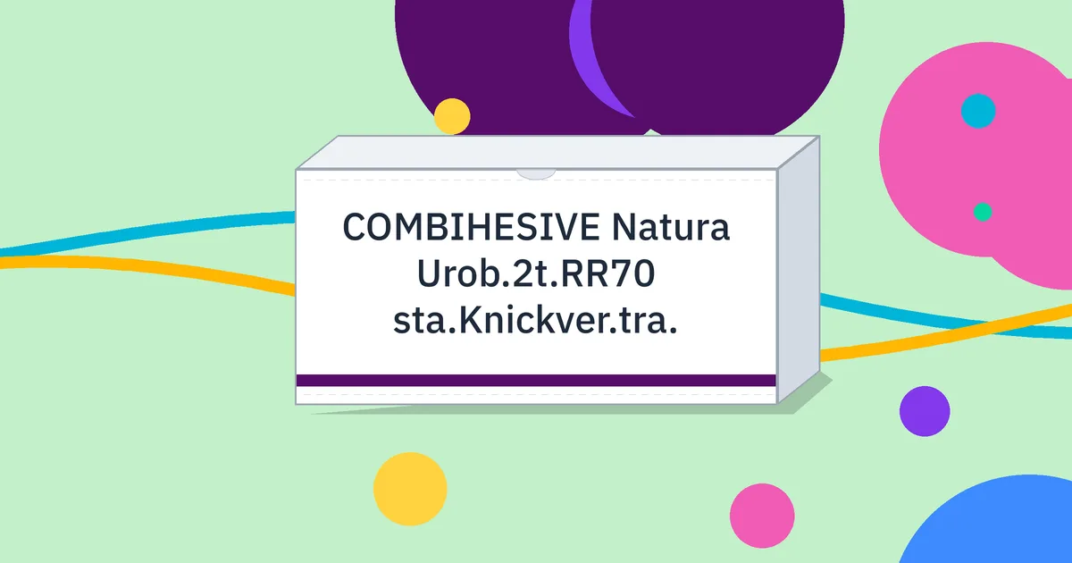 Symbolbild: Packung mit der Aufschrift COMBIHESIVE Natura Urob.2t.RR70 sta.Knickver.tra. (PZN 08406138) – Verfügbarkeit und Bezug in Apotheken in Frankfurt am Main