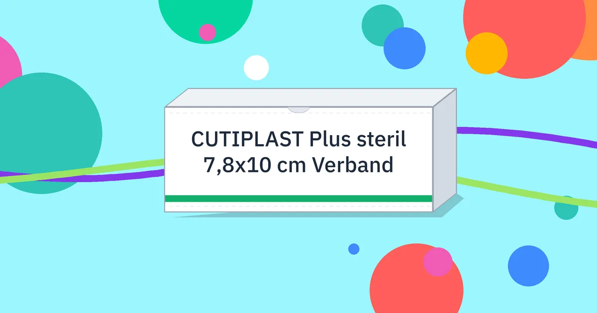 Symbolbild: Packung mit der Aufschrift CUTIPLAST Plus steril 7,8x10 cm Verband (PZN 20322059) – Verfügbarkeit und Bezug in Apotheken in Frankfurt am Main