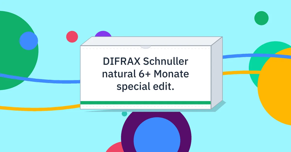 Symbolbild: Packung mit der Aufschrift DIFRAX Schnuller natural 6+ Monate special edit. (PZN 12517642) – Verfügbarkeit und Bezug in Apotheken in Frankfurt am Main
