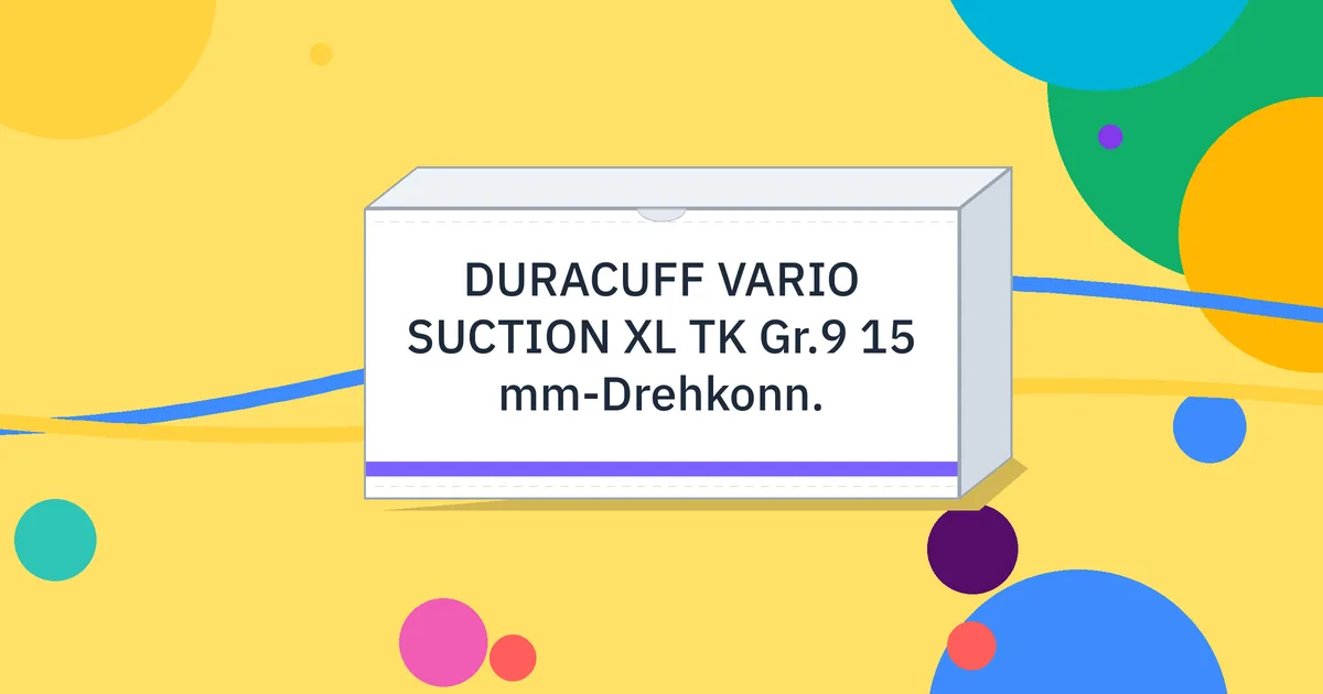 Symbolbild: Packung mit der Aufschrift DURACUFF VARIO SUCTION XL TK Gr.9 15 mm-Drehkonn. (PZN 18825391) – Verfügbarkeit und Bezug in Apotheken in Frankfurt am Main