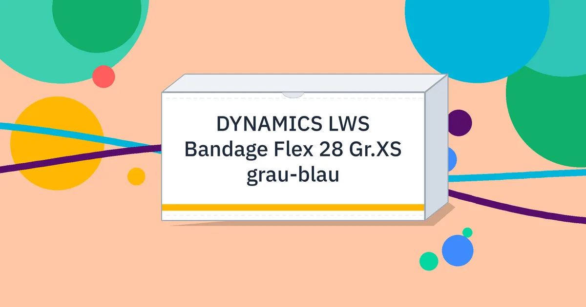 Symbolbild: Packung mit der Aufschrift DYNAMICS LWS Bandage Flex 28 Gr.XS grau-blau (PZN 10634289) – Verfügbarkeit und Bezug in Apotheken in Frankfurt am Main