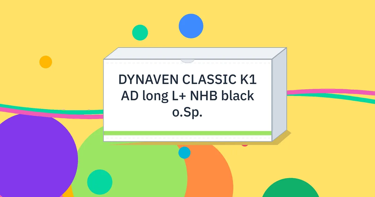Symbolbild: Packung mit der Aufschrift DYNAVEN CLASSIC K1 AD long L+ NHB black o.Sp. (PZN 18414564) – Verfügbarkeit und Bezug in Apotheken in Frankfurt am Main