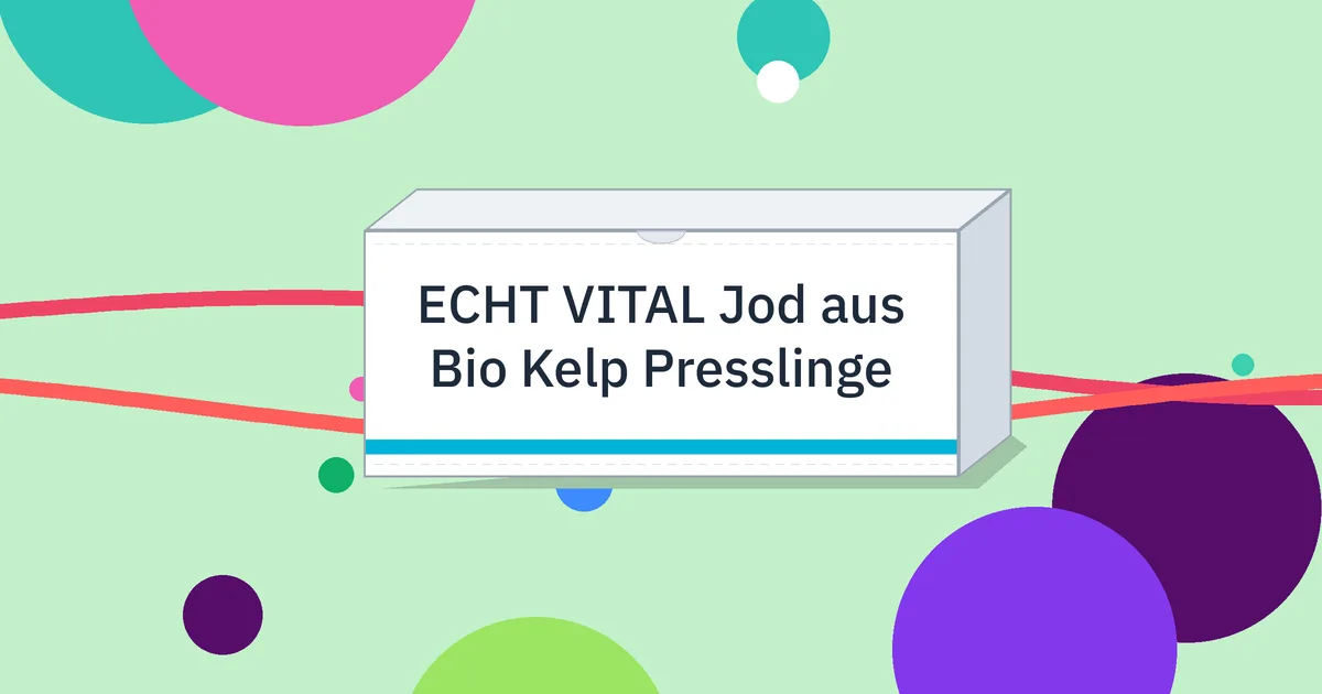 Symbolbild: Packung mit der Aufschrift ECHT VITAL Jod aus Bio Kelp Presslinge (PZN 18678435) – Verfügbarkeit und Bezug in Apotheken in Frankfurt am Main
