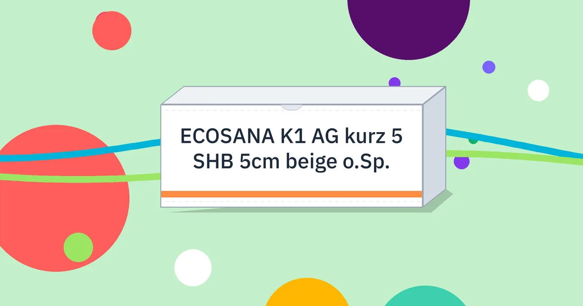 Symbolbild: Packung mit der Aufschrift ECOSANA K1 AG kurz 5 SHB 5cm beige o.Sp. (PZN 04729086) – Verfügbarkeit und Bezug in Apotheken in Frankfurt am Main